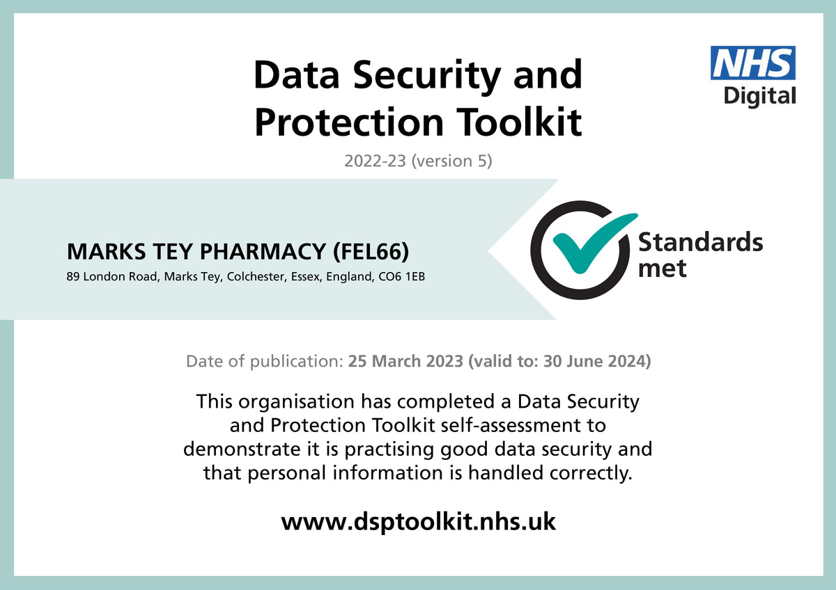 Data Security and Protection - certificate – Marks Tey Pharmacy